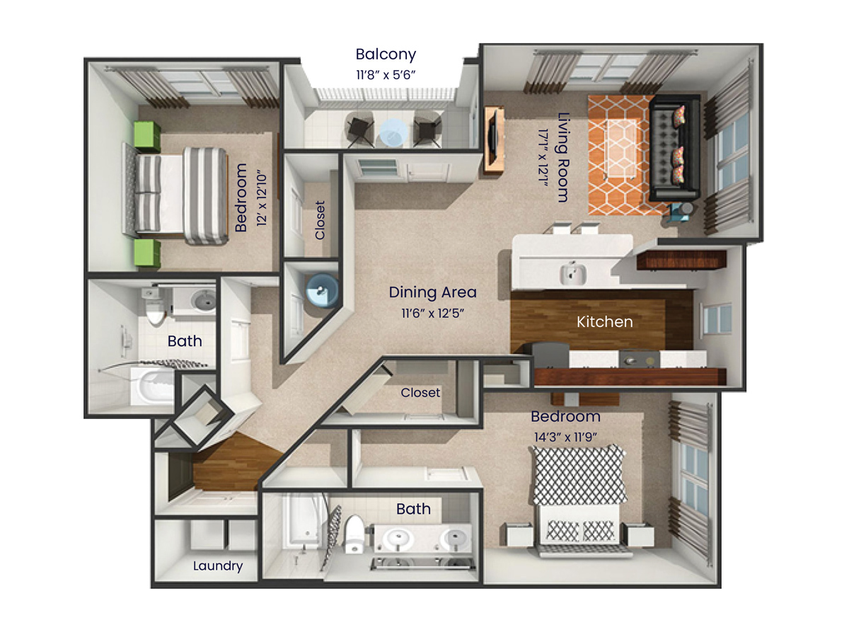 One, Two and Three Bedroom Apartments in Tampa | NoHo Flats Floorplans